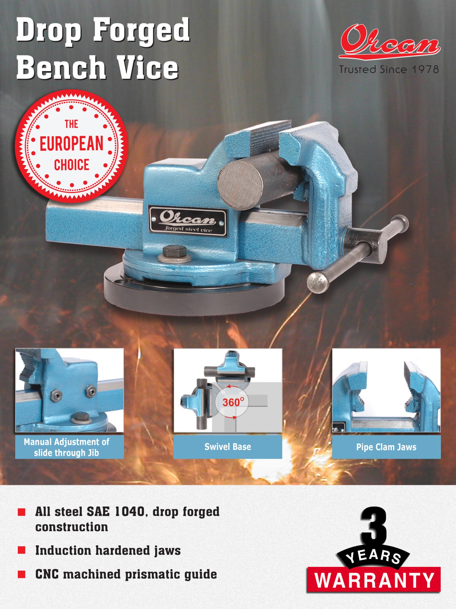 Orcan drop forged bench vice, european quality at indian price